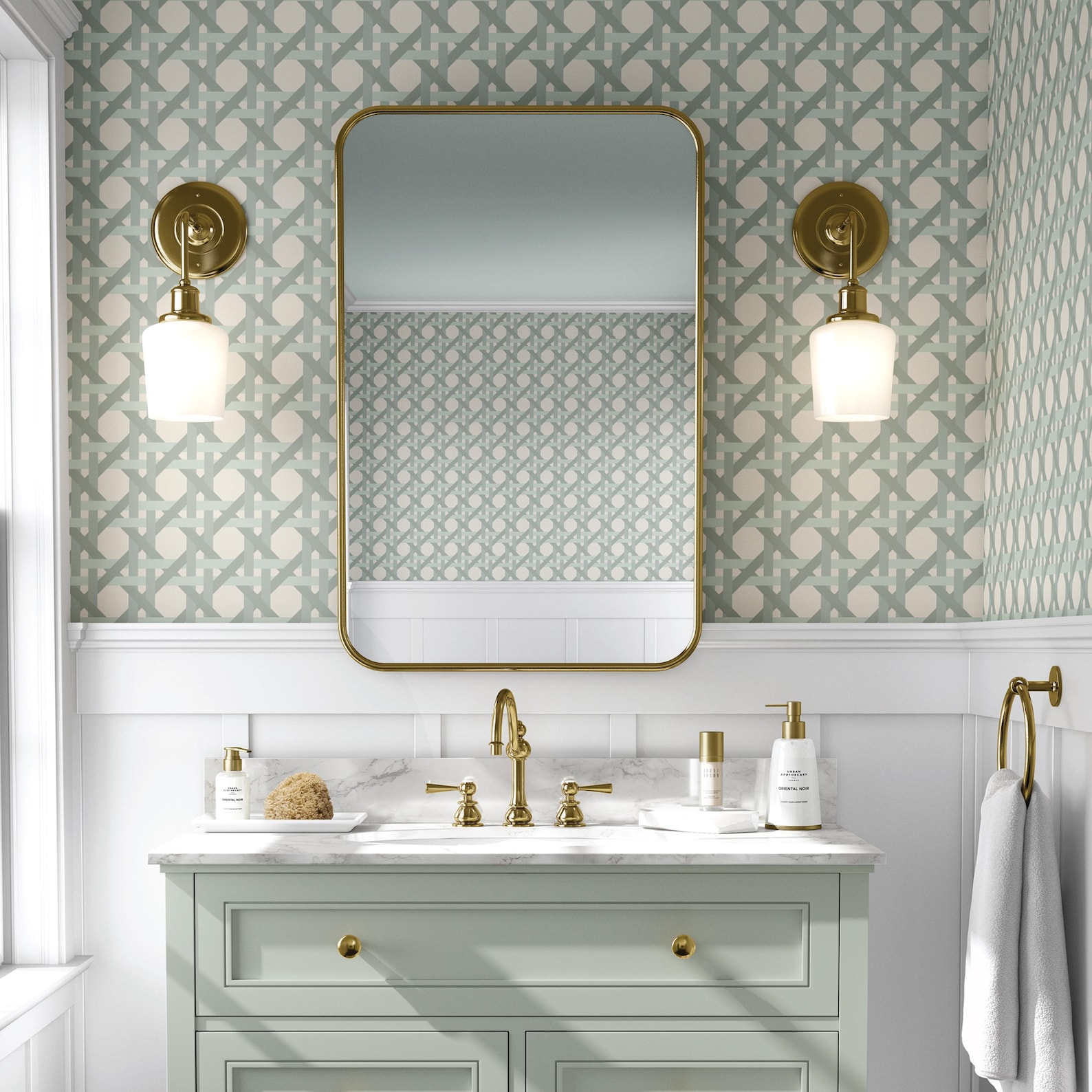 Cane Weave Pattern Geometric Wallpaper, Coastal Blue Green on Cream ...