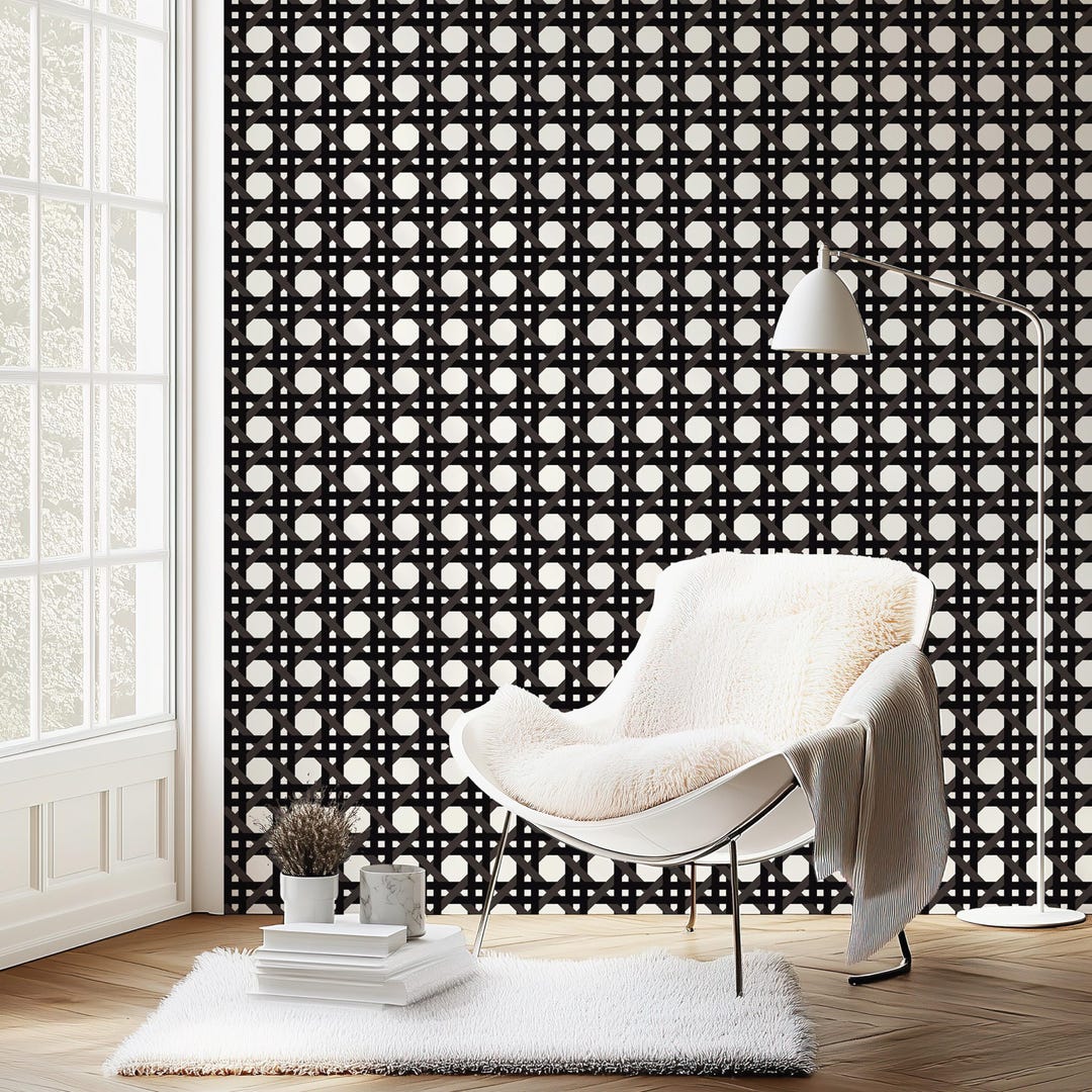 Cane Weave Pattern Geometric Wallpaper, Black, Charcoal Gray, Cream ...