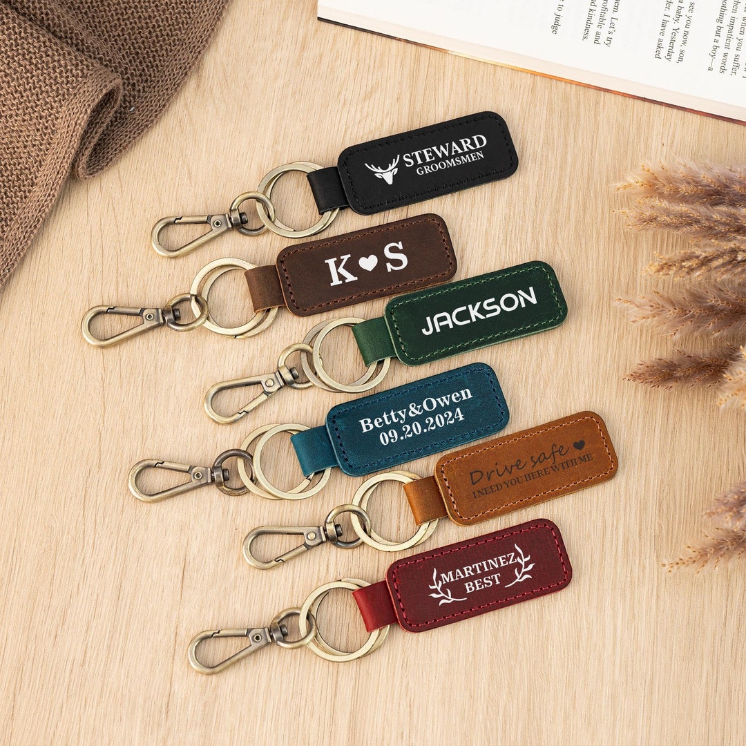 Leather Keychain for Men, Personalised Leather Keyring With Name ...
