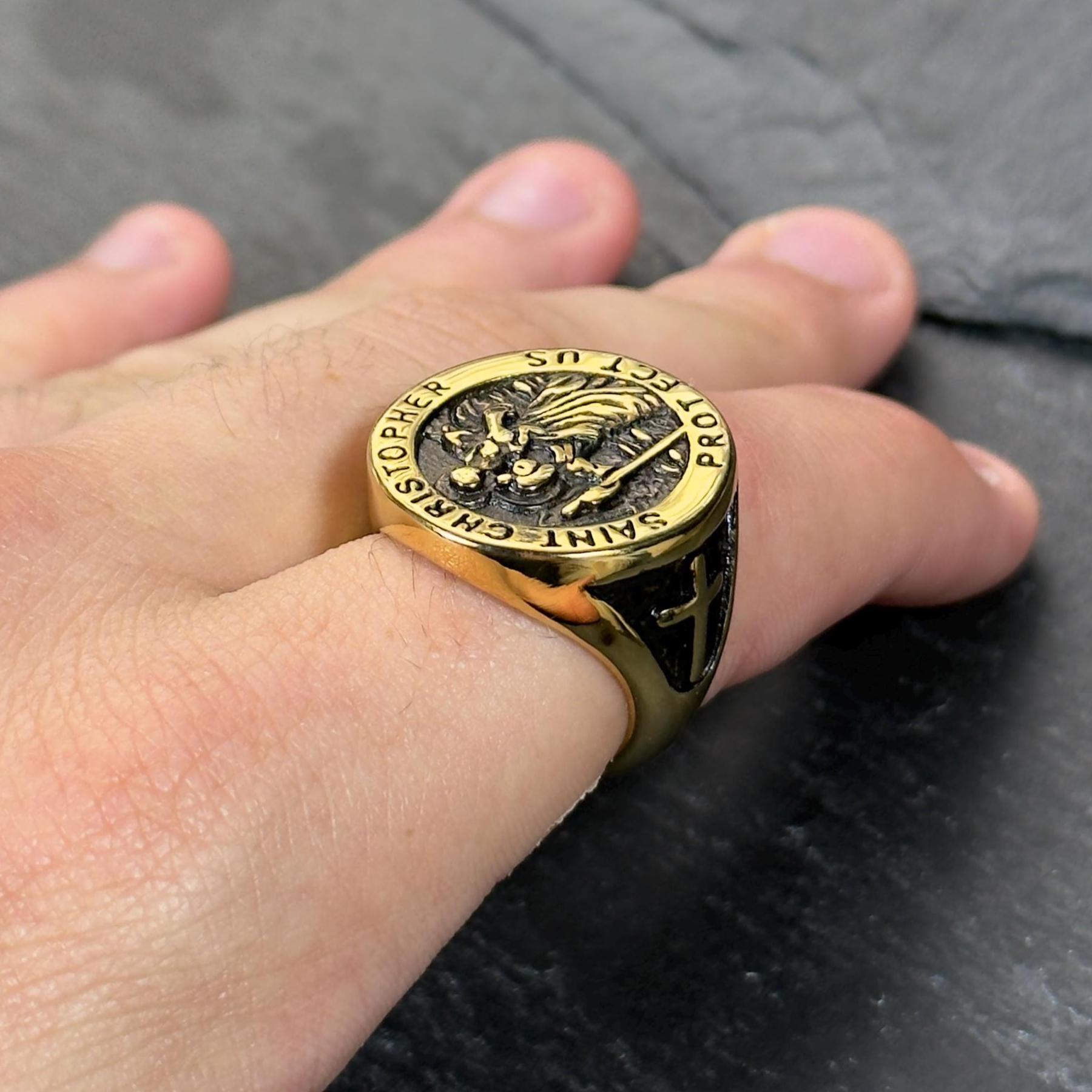 Mens Ring Silver, Stainless Steel Saint St Christopher Round Signet ...