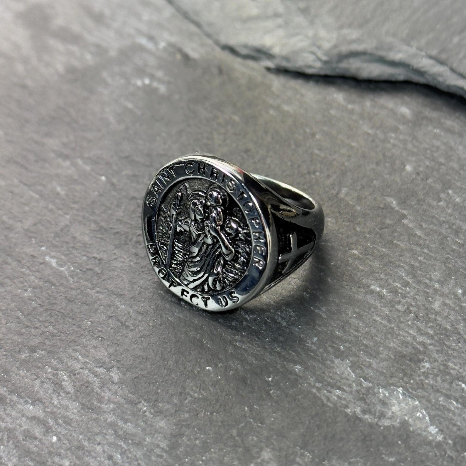 Mens Ring Silver, Stainless Steel Saint St Christopher Round Signet ...