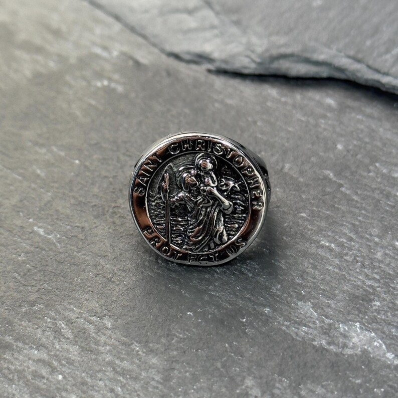 Mens Ring Silver, Stainless Steel Saint St Christopher Round Signet ...