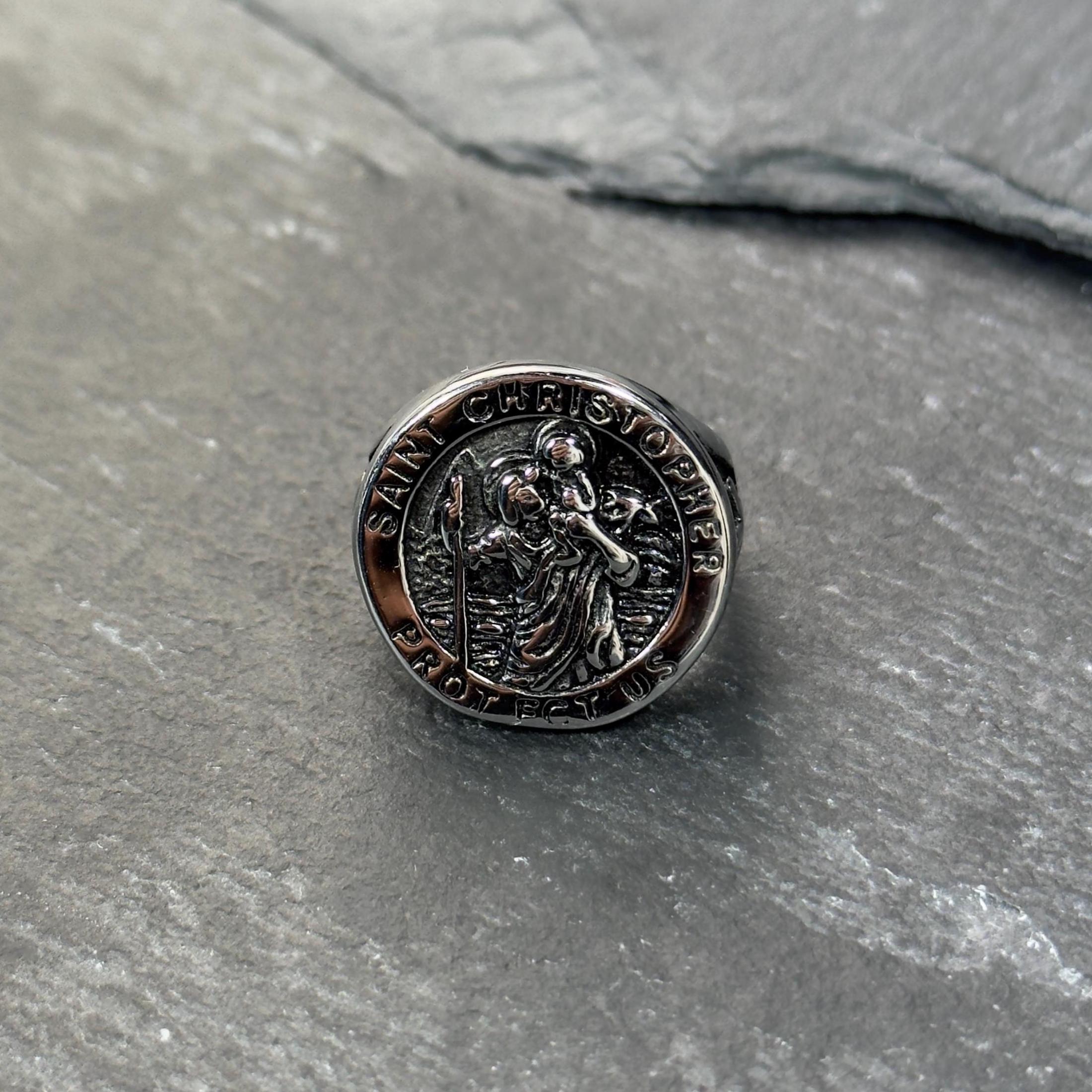 Mens Ring Silver, Stainless Steel Saint St Christopher Round Signet ...