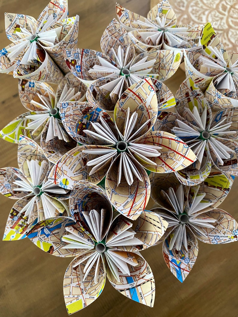 Paris France Street Map Paper Flowers Flower Bouquet 10 Small - Etsy