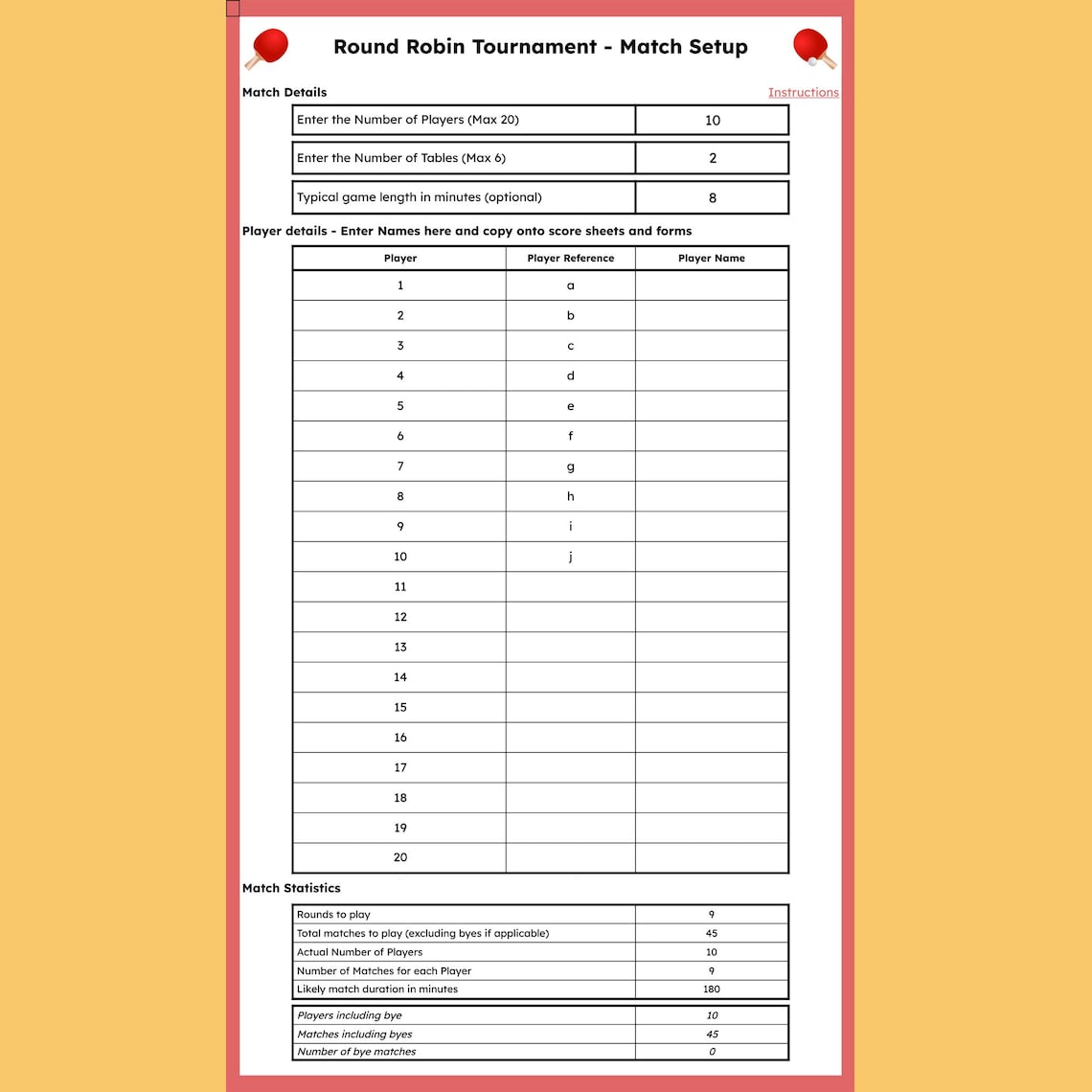 Paper Forms for Table Tennis Singles Tournament Round Robin Planner ...