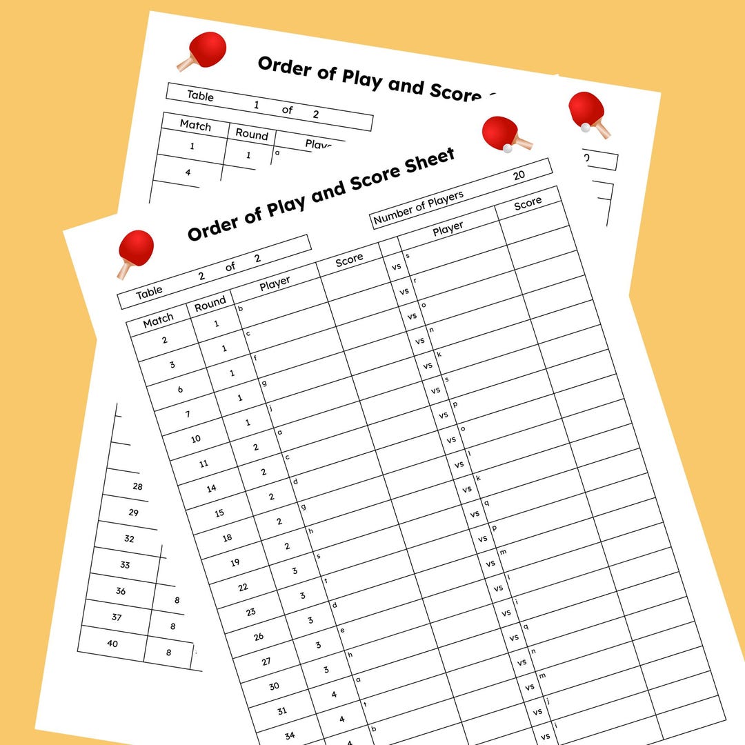Paper Forms for Table Tennis Singles Tournament Round Robin Planner ...