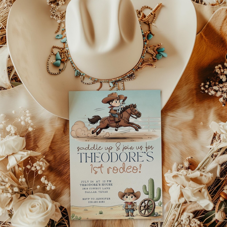 Editable Cowboy 1st Birthday Invitation Template, First Rodeo Birthday ...