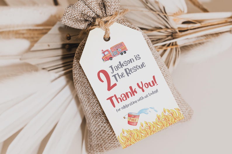 Fire Truck Birthday Thank You Tag Template: Editable Canva Design ...