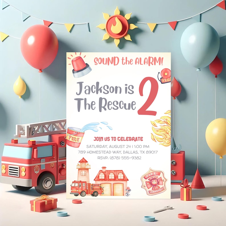 Editable Fire Truck Birthday Invitation: Two the Rescue Party (digital ...