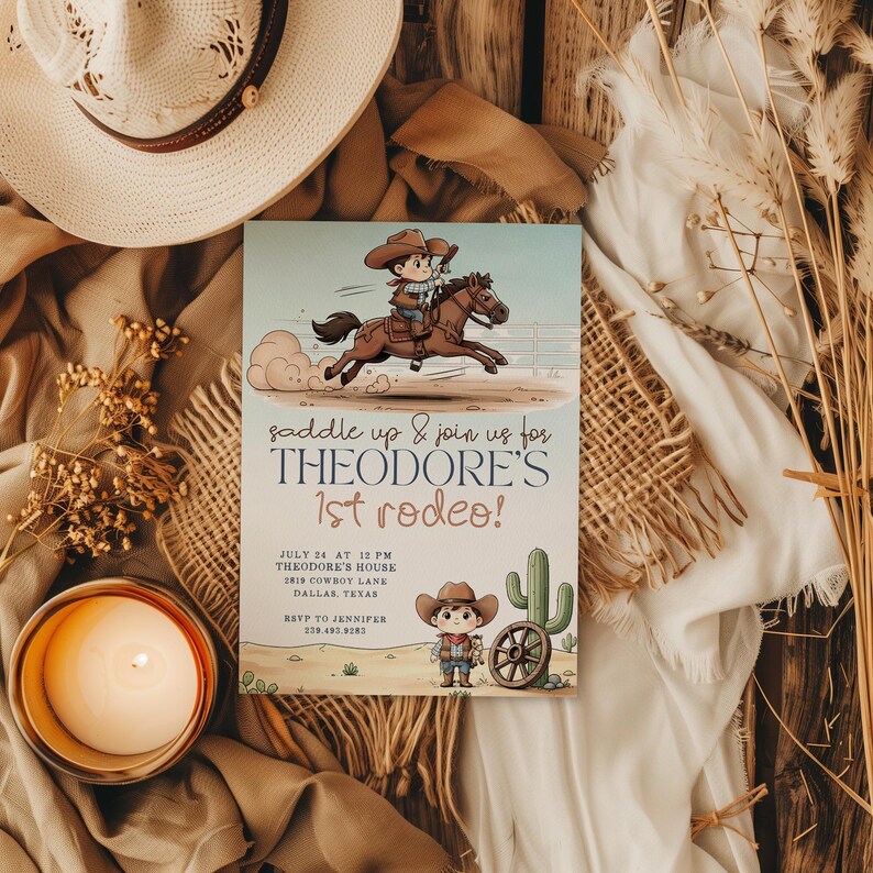 Editable Cowboy 1st Birthday Invitation Template, First Rodeo Birthday ...