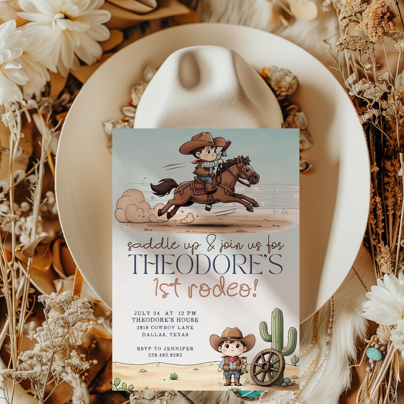 Editable Cowboy 1st Birthday Invitation Template, First Rodeo Birthday ...