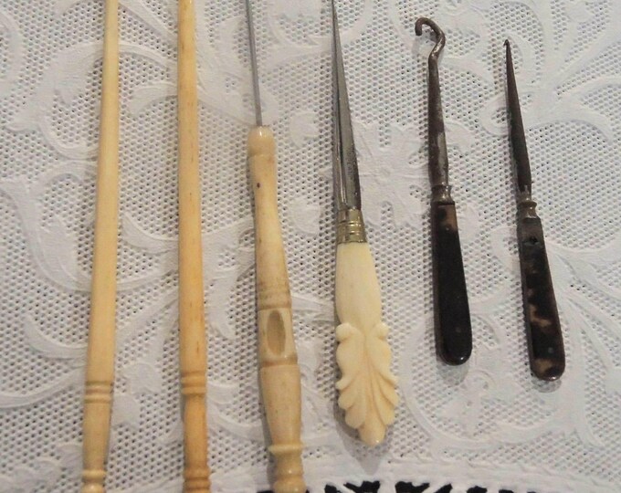 Lace Making, Button Hook, Bone, Celluloid Assorted Implements, Antique ...