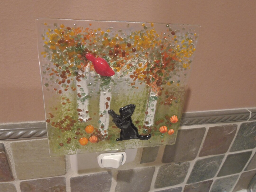 Black Cat Night Light, Red Cardinal in White Birch Tree - Etsy