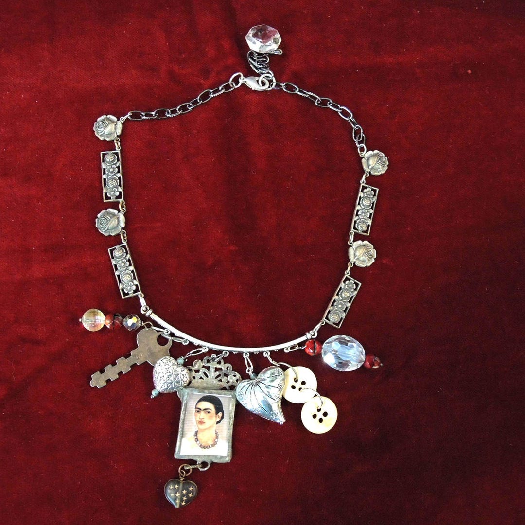 Chunky Frida Kahlo Charm Necklace: Vintage Silver Hearts, Bone Buttons ...