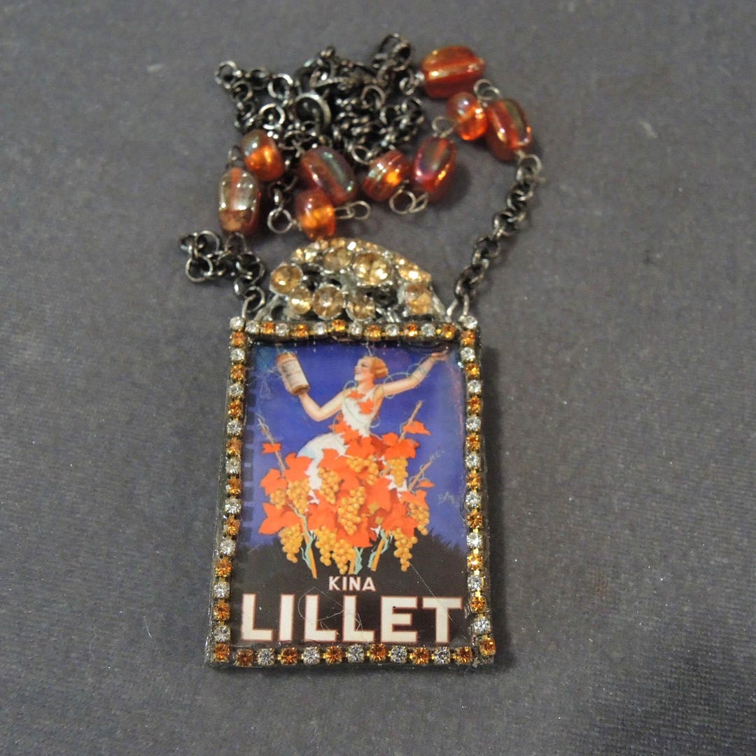 Soldered Glass Pendant, Lillet Champaign Blue and Orange Advertisement ...