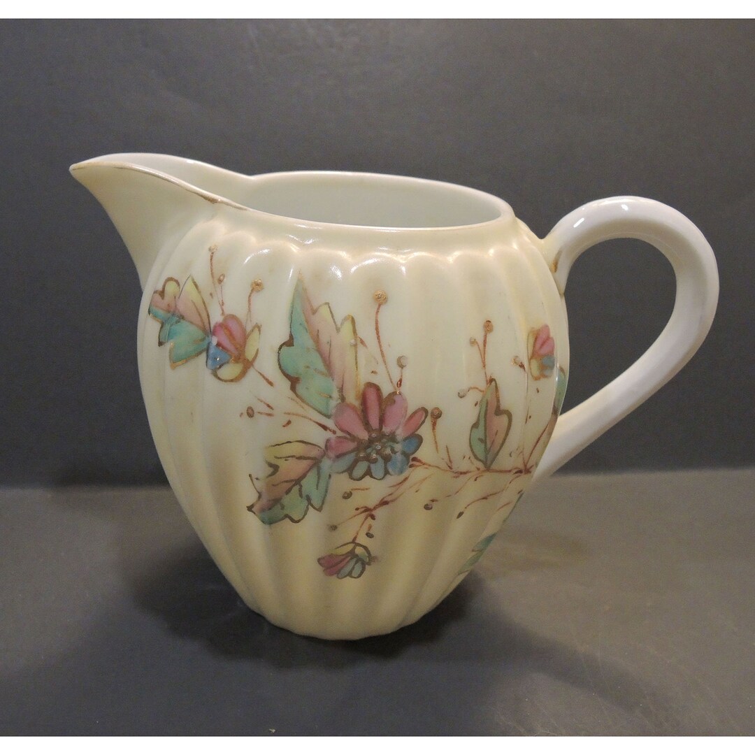 Vintage Milk Glass Pitcher, Hand Painted Light Green Floral Cream ...
