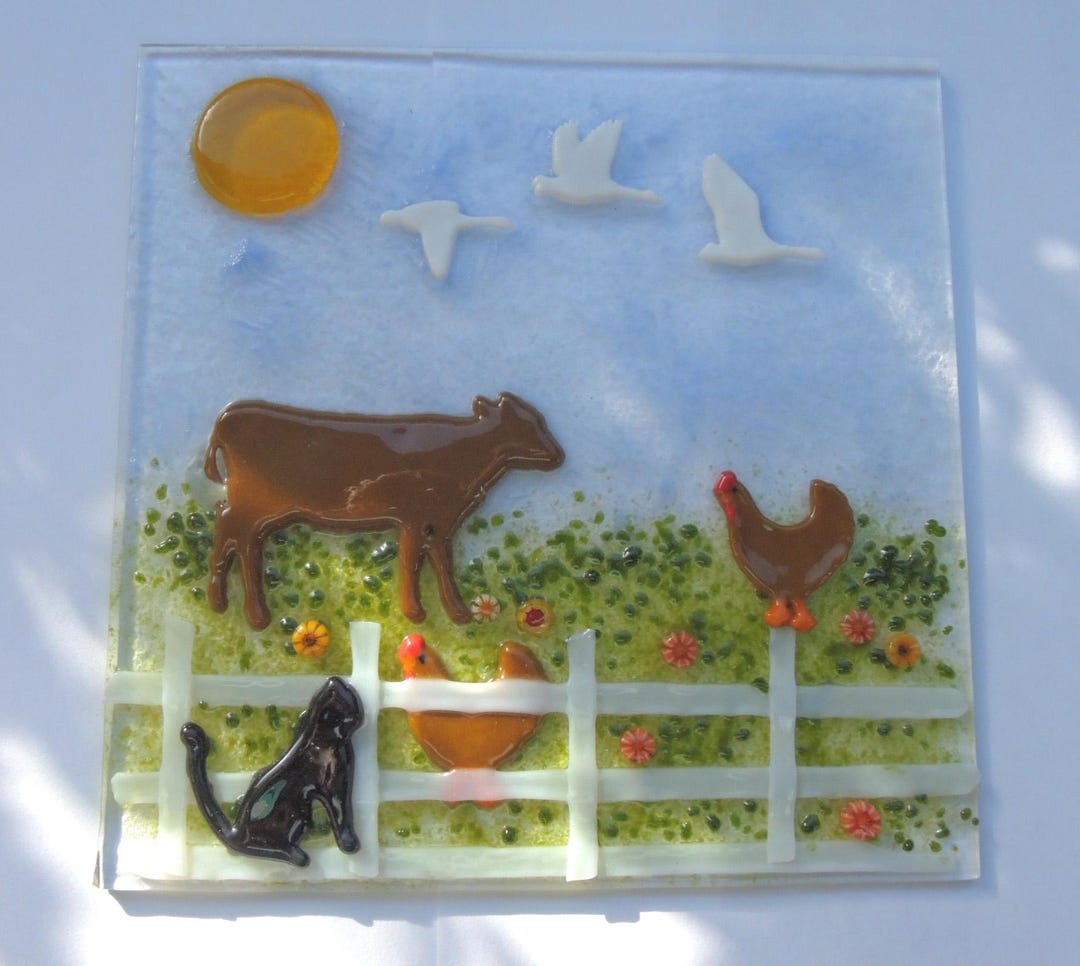 Fused Glass Farm Scene. Cow, Chickens, Geese and Black Cat. Freez and ...