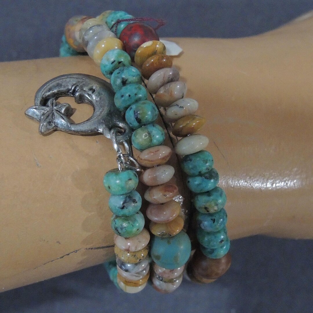 Beaded Memory Wire Moon and Star Wire Wrapped Bracelet, Turquoise ...