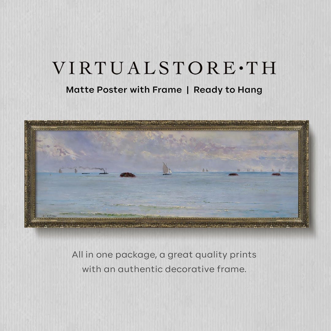 Vintage Seascape Scene Print Landscape Framed, 48x16 Inch, Panoramic ...