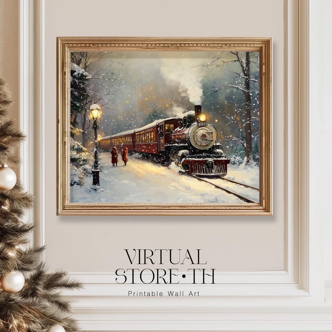 Vintage Christmas Train Oil Painting Print: Rustic Holiday Wall Art ...