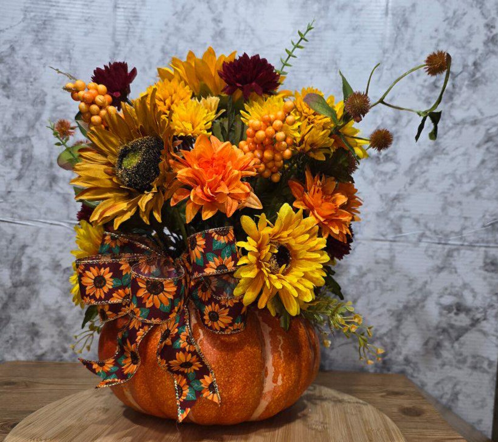Fall Sunflower Weighted Floral Pumpkin for Cemetery Decoration Memorial ...