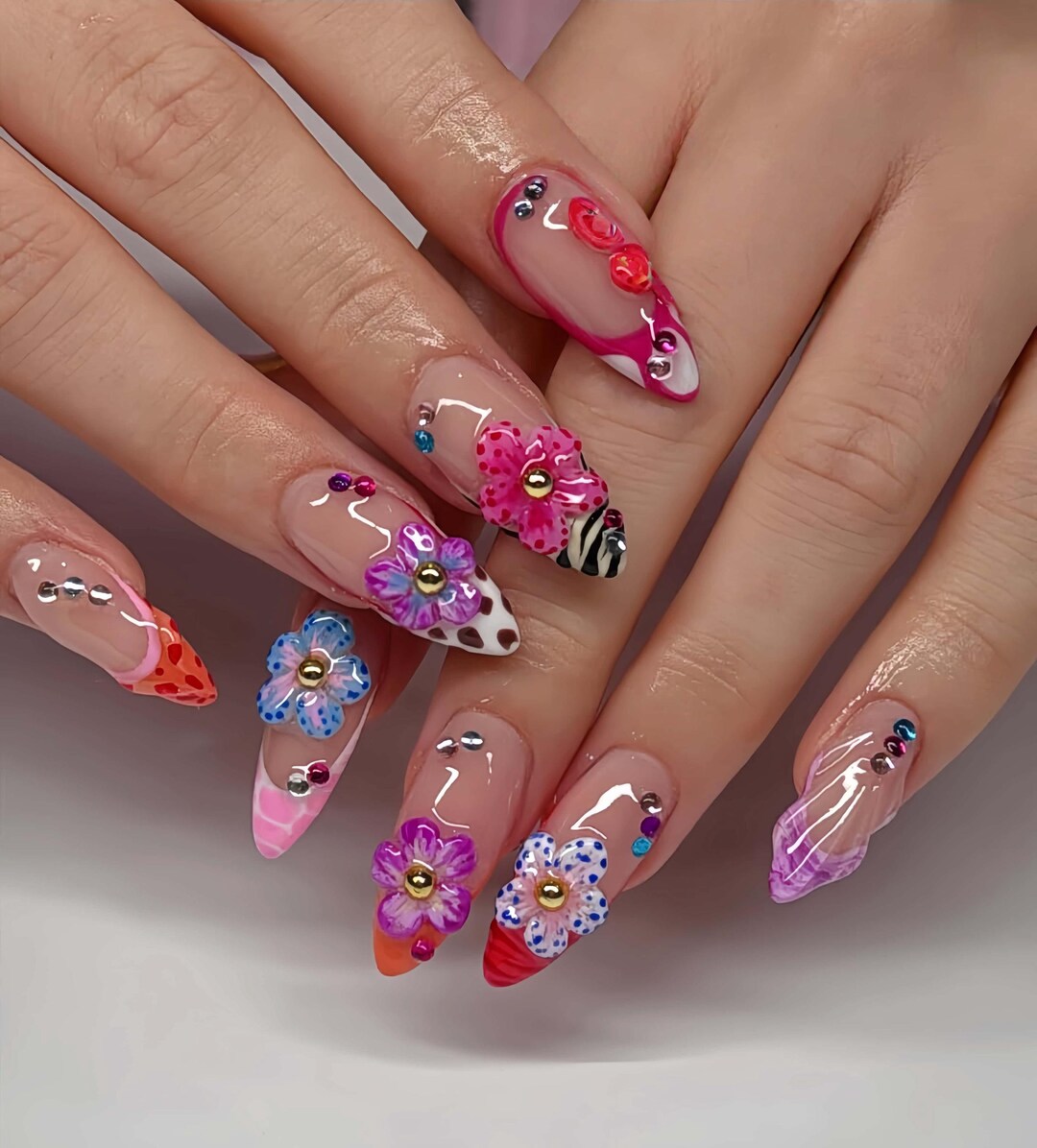 Graceful Colorful Flower Nails, Wedding Nails , Handpainted Gel Nails ...