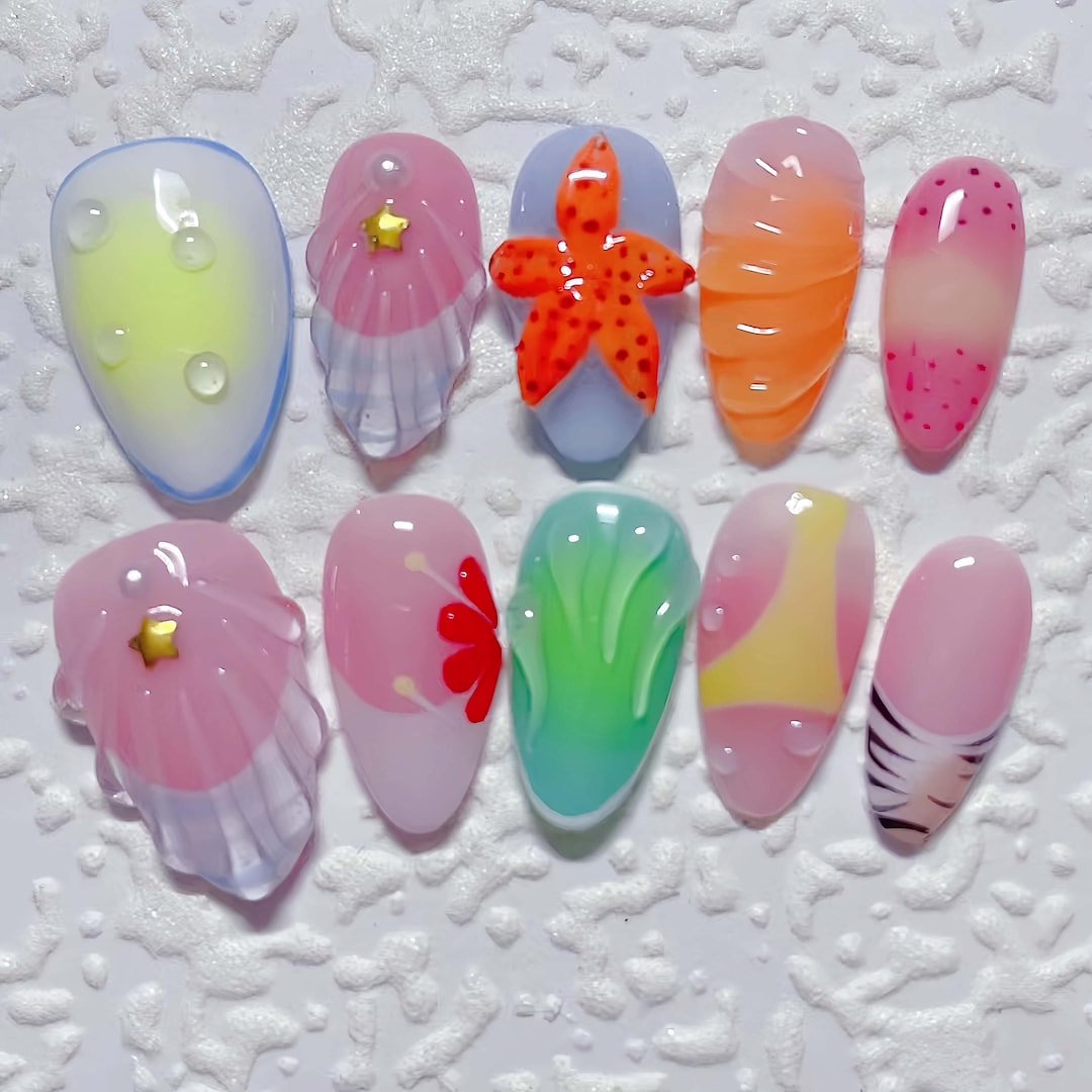 Stylish Shell Trendy Pink Flower Nails， 3D Nails, Glitter Nails ...
