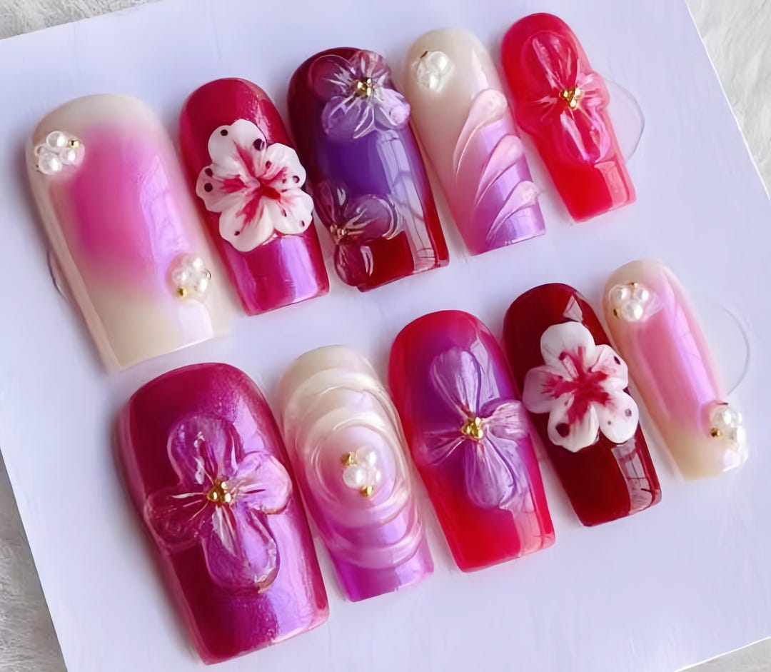 Colorful Red Floral Nail Art， Wedding Nails , Hand Painted Gel Nails ...