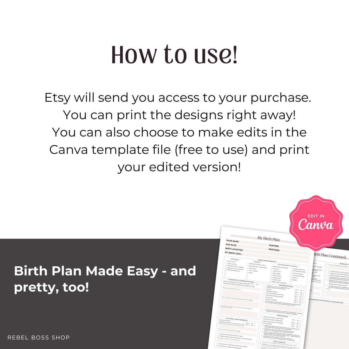 Printable Birth Plan Template, Editable Birth Plan, Natural Birth ...