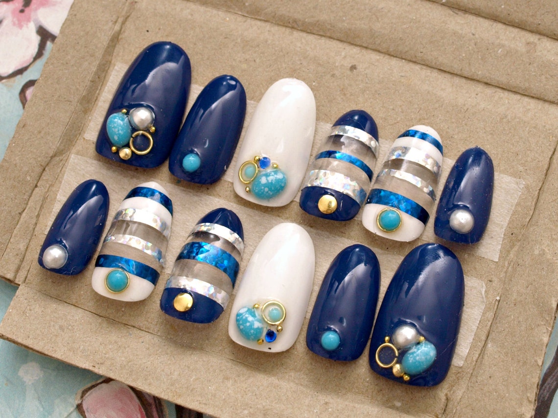 Gel Nails Navy Summer Nail Art Marine Turquoise Pearl - Etsy