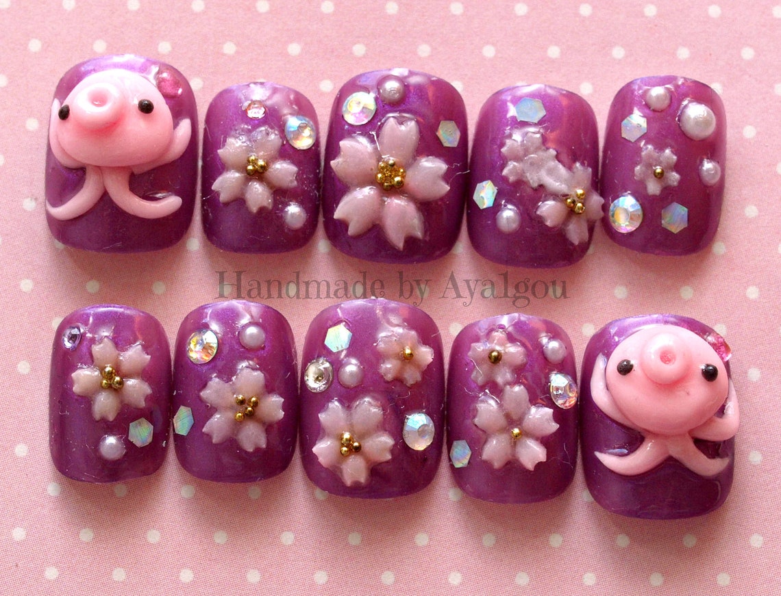Nails Octopus Squid 3D Nails Short Nail Sakura Cherry - Etsy
