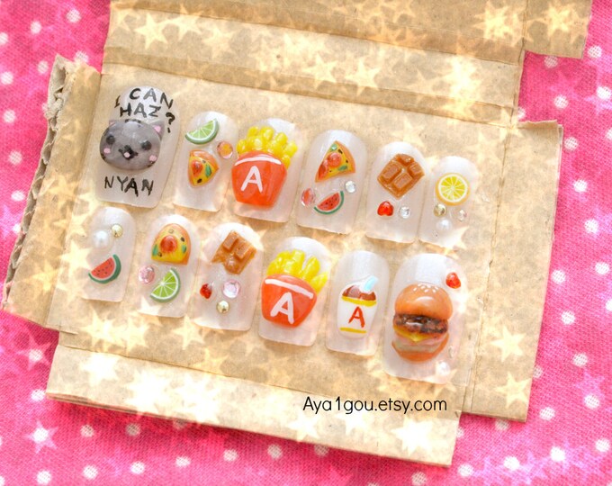 Japanese 3D Nails, Cat, Fast Food, Hamburger, Potato, Pizza, Chocolate ...
