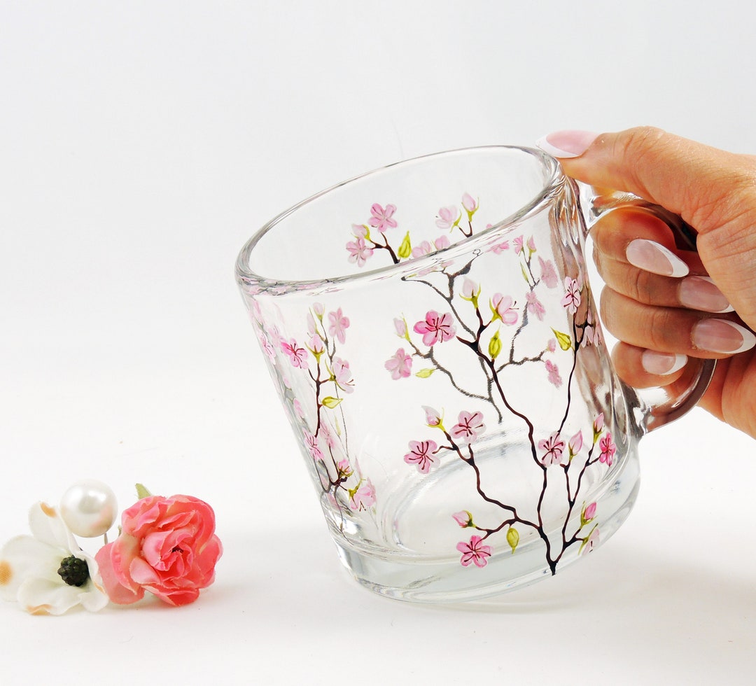 Cherry Blossoms Mug / Personalized Hand Painted Floral Glass Mug ...