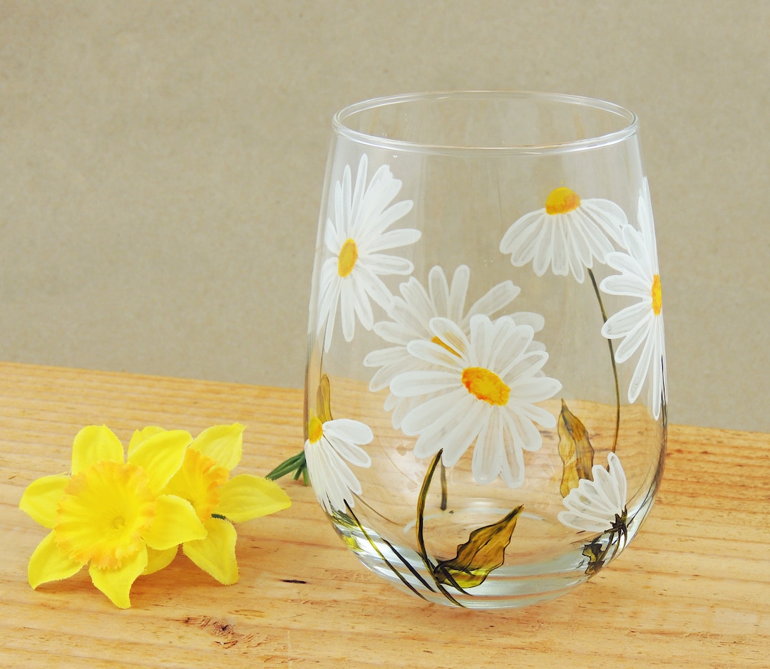 Hand Painted Daisy Stemless Wine Glass: Personalized Floral Blooms - Etsy