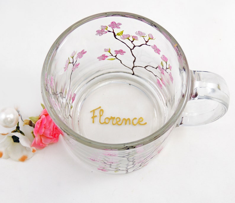 Cherry Blossoms Mug / Personalized Hand Painted Floral Glass - Etsy