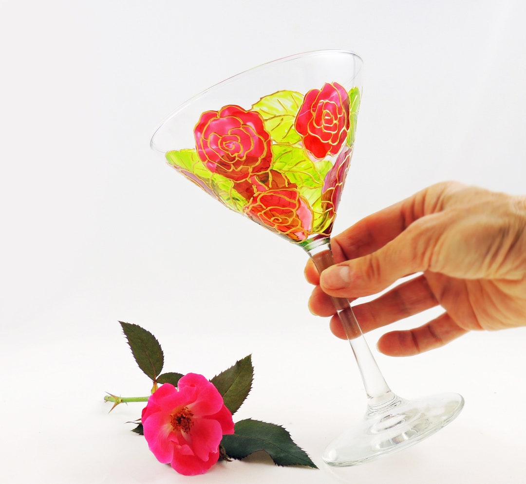 Martini Glass With Red and Pink Roses / Hand Painted Floral ...