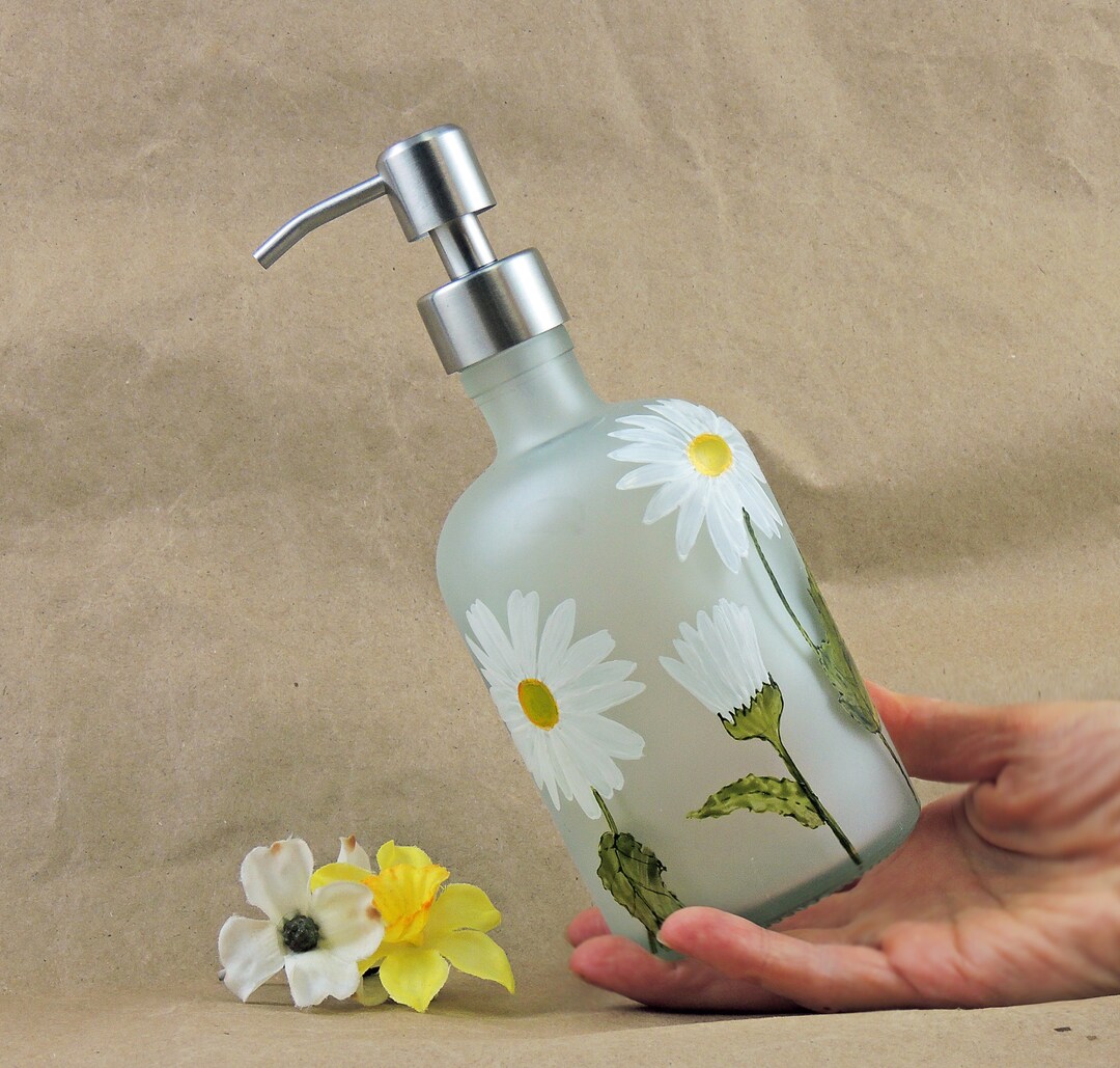 Hand Painted Daisy Frosted Glass Soap Dispenser: Sustainable Floral ...