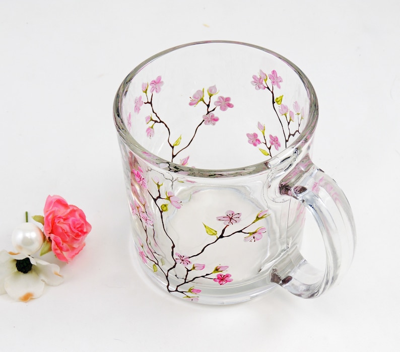 Cherry Blossoms Mug / Personalized Hand Painted Floral Glass - Etsy