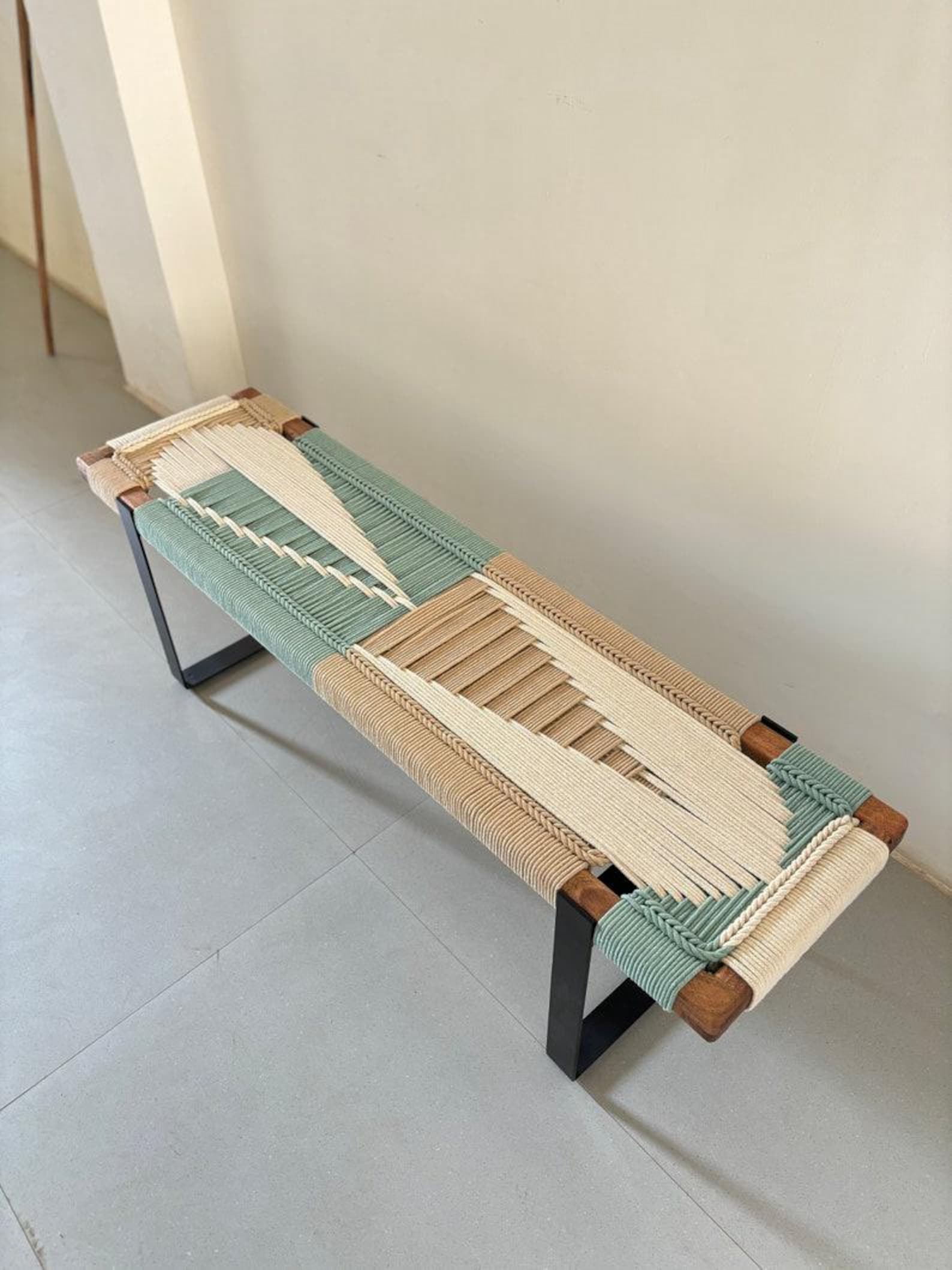 Woven Bench Two Seater in Metal Legs - Beige, White & Ocean Green - Etsy