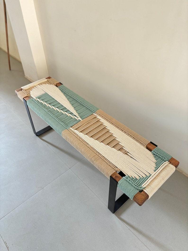 Woven Bench Two Seater in Metal Legs - Beige, White & Ocean Green - Etsy
