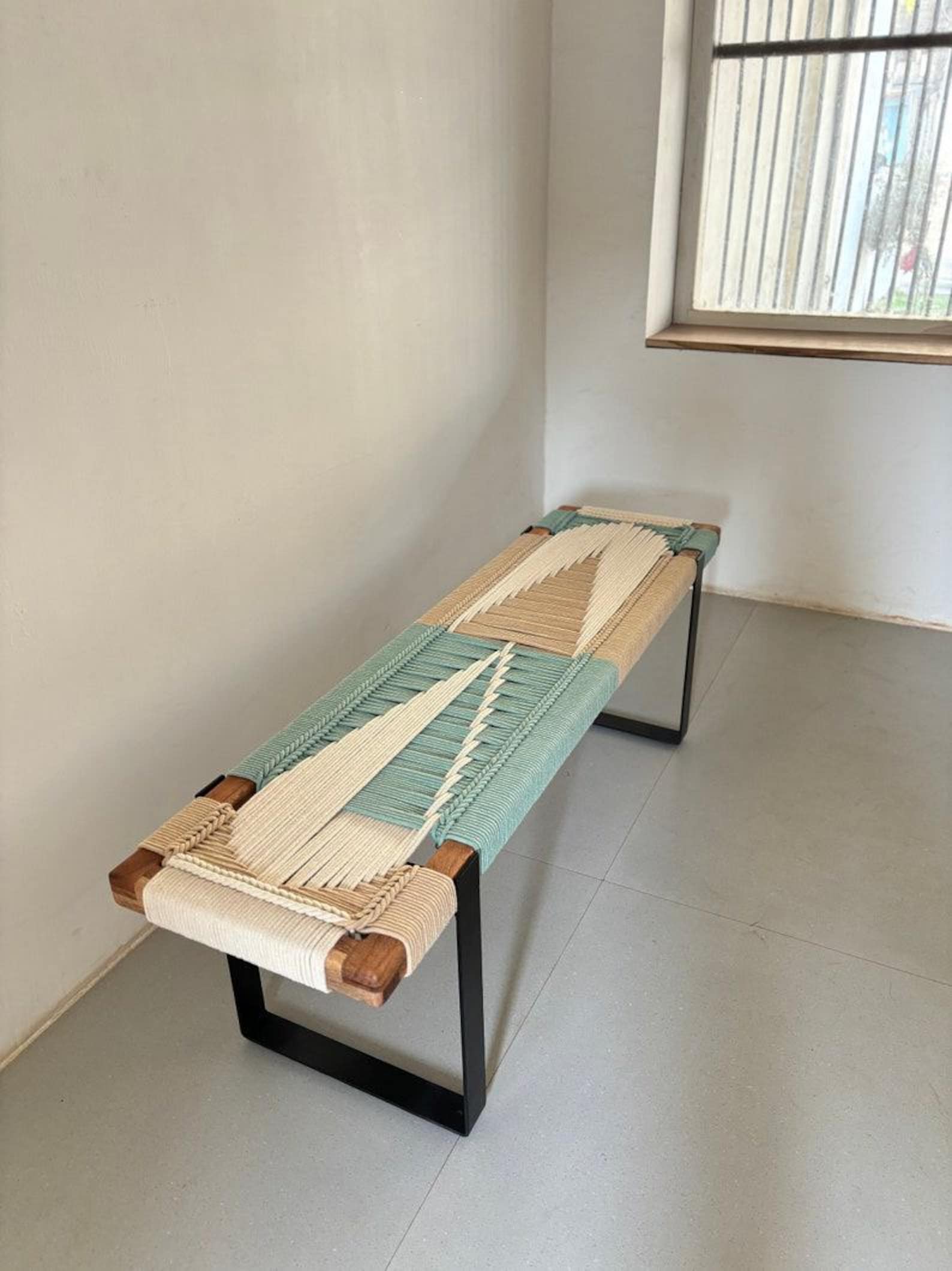 Woven Bench Two Seater in Metal Legs - Beige, White & Ocean Green - Etsy