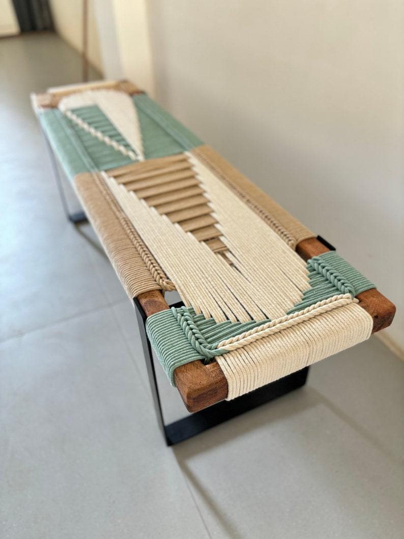 Woven Bench Two Seater in Metal Legs - Beige, White & Ocean Green - Etsy