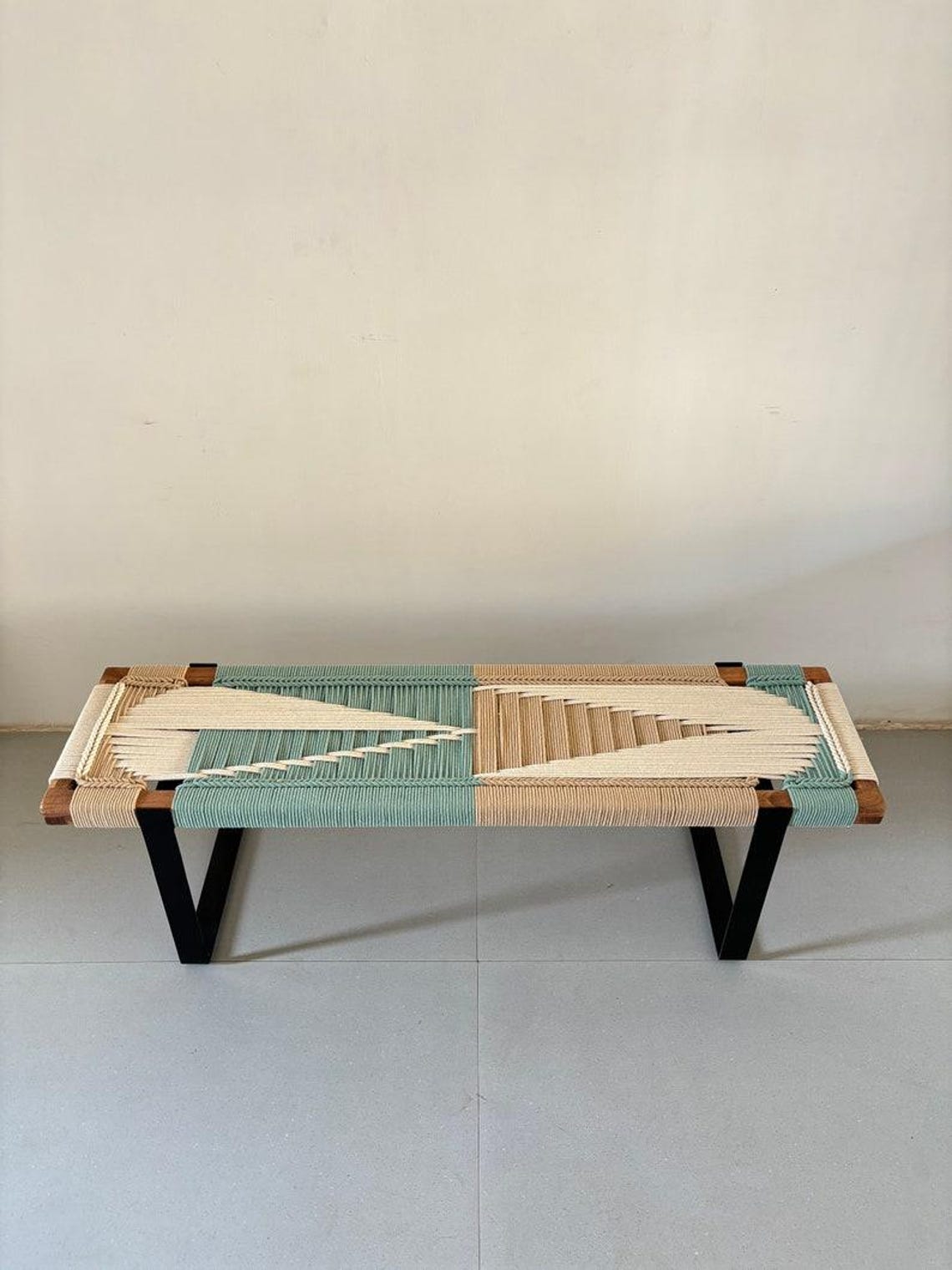 Woven Bench Two Seater in Metal Legs - Beige, White & Ocean Green - Etsy