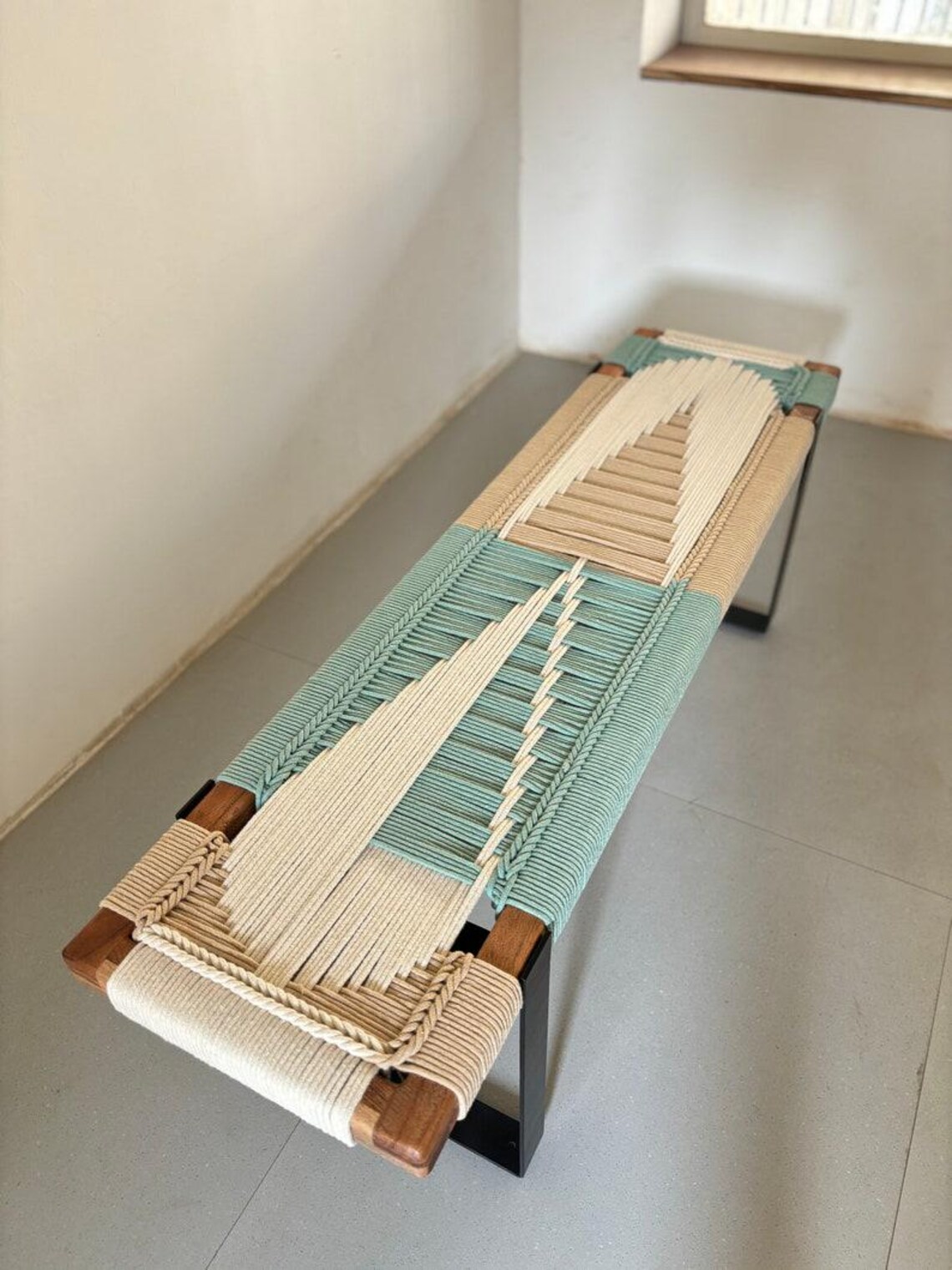 Woven Bench Two Seater in Metal Legs - Beige, White & Ocean Green - Etsy