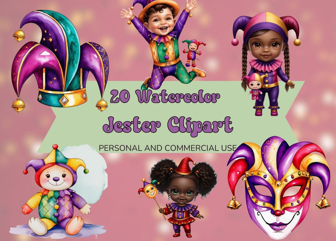 Colorful Watercolor Jester Theme Collection - Jester Hat, Jester Mask ...