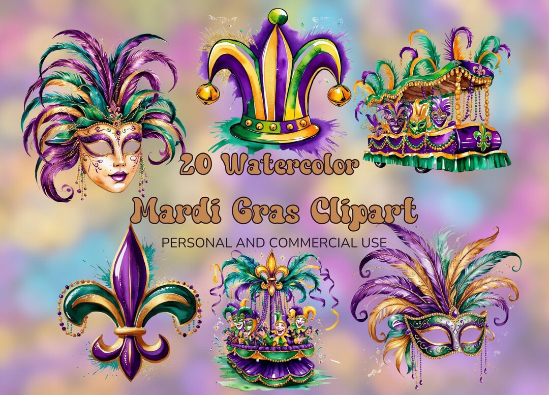 Mardi Gras Watercolor Clipart Set - Fleur De Lis, Mask, Jester Hat ...