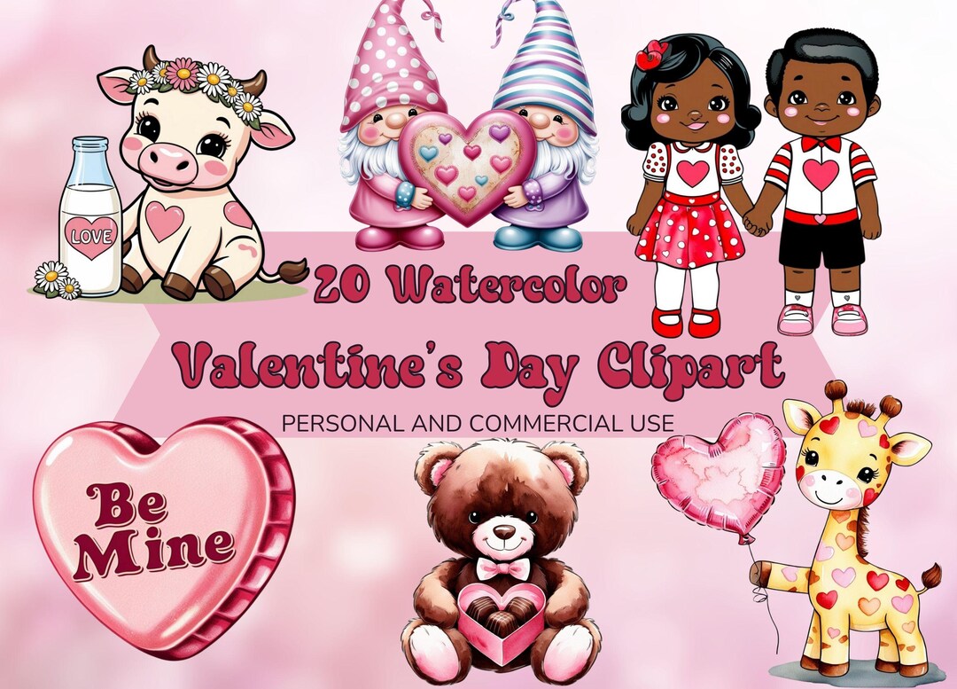 Retro Valentine's Day Watercolor Clipart Set - Vintage Valentine's Day ...