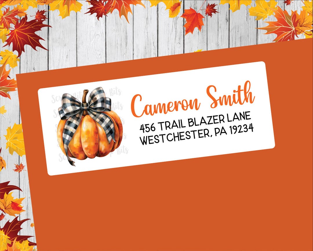 Pumpkin With Buffalo Plaid Ribbon Address Labels, Fall Address Labels ...