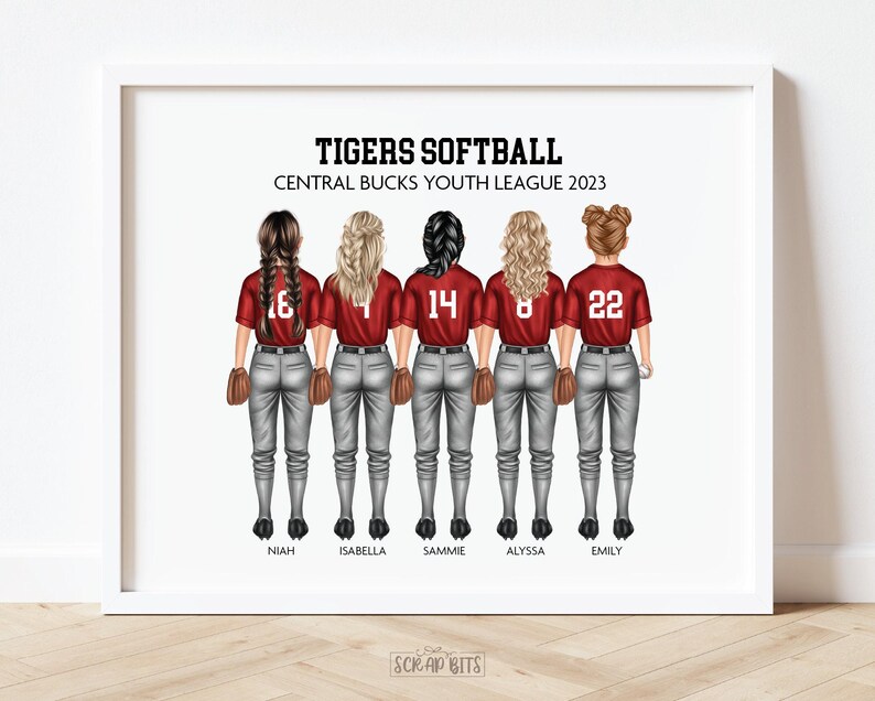 Softball Team Portrait Print, Custom Softball Friends Gift for Coach ...