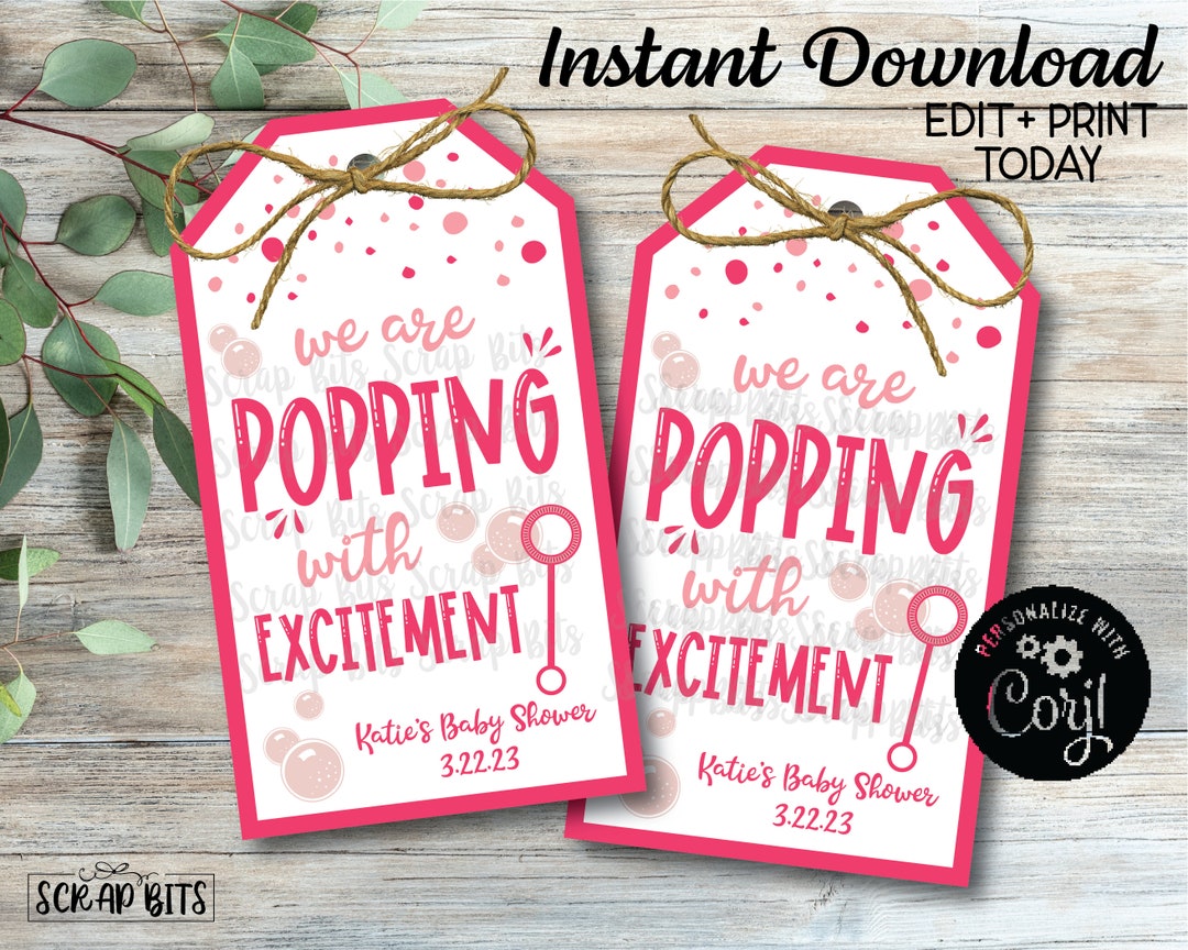 EDITABLE Printable Baby Shower Tags, Popping With Excitement Tags, Pink ...